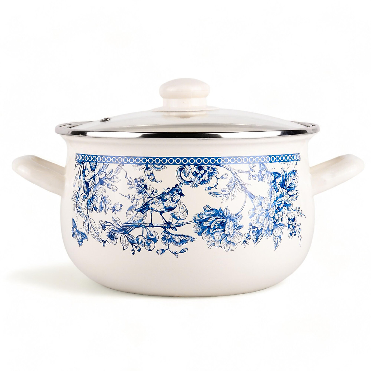 Bird of Paradise Vintage Enamel Belly Deep Stock Pot with Glass Lid Deep Cooking Pot, Dishwasher safe (Set of 2 (3.8 L); (6.2 L))