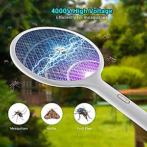 YISSVIC Electric Fly Swatter 4000V Bug Zapper Racket Dual Modes Mosquito Killer with Purple Mosquito Light Rechargeable for Indoor Home Office Backyard Patio Camping