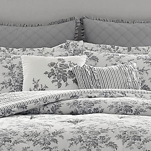 Laura Ashley Home - King Comforter Set, Reversible Cotton Bedding, Includes Matching Shams with Bonus Euro Shams & Throw Pillows (Annalise Grey, King)
