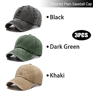 3 Pack Washed Plain Vintage Baseball Cap Cotton Adjustable Twill Bulk Low Profile Classic Dad Hat for Men/Women(Dark Green+Black+Khaki)