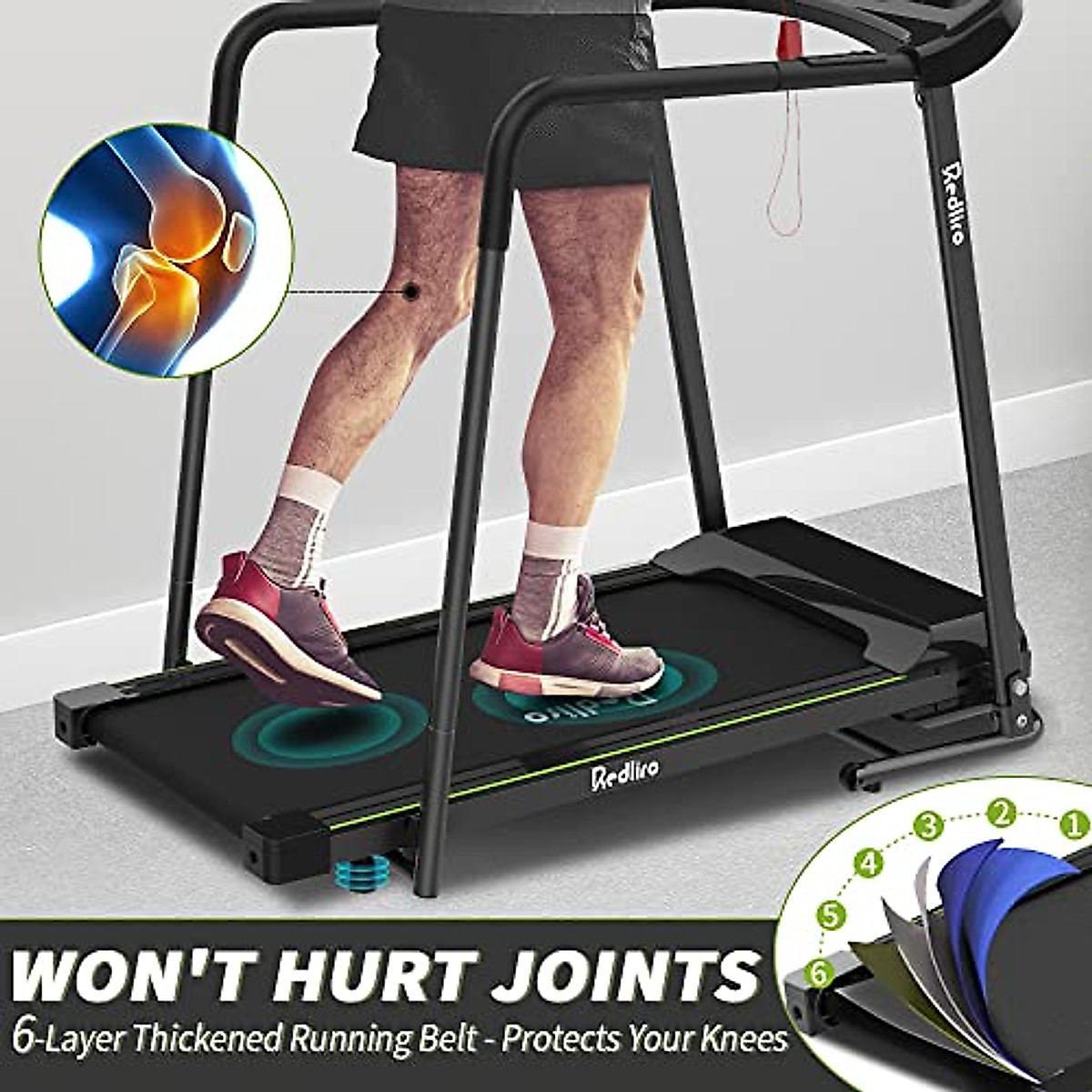 Redliro Walking Treadmill with Long Handraill for Balance, Recovery Fitness Exercise Machine Foldable for Home use with Holder for Phone & Cup,LCD Display, 300 lbs Capacity