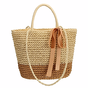 So'each Women's Handbag Color Matching Bow Wicker Woven Rattan Straw Tote Shoulder Bag Beige
