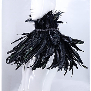 Gothic Real Black Feather Cape Shawl Shoulder Wings Choker Collar with 1 Pair Feather Cuffs, Unisex Fashion Feather Cape Shrug Shawl Stole Poncho, Halloween Cosplay Costume Party for Women Men