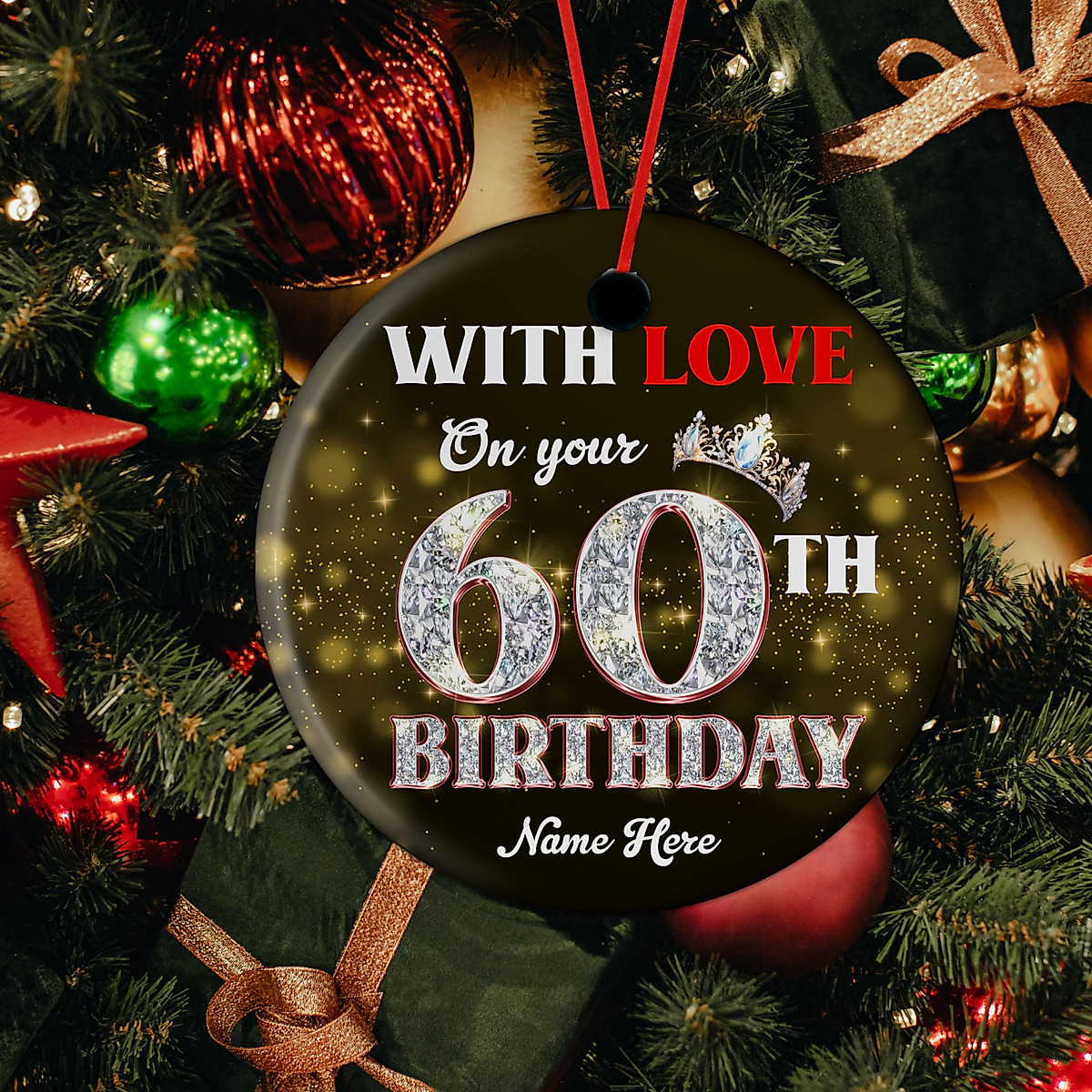 Sixty Years Old Ornament Christmas for Women Girl Friends Family Personalized Happy 60th Birthday Round Ornaments 3 Inch Gift with Name Anniversary Birthday Xmas Keepsake Party Decoration