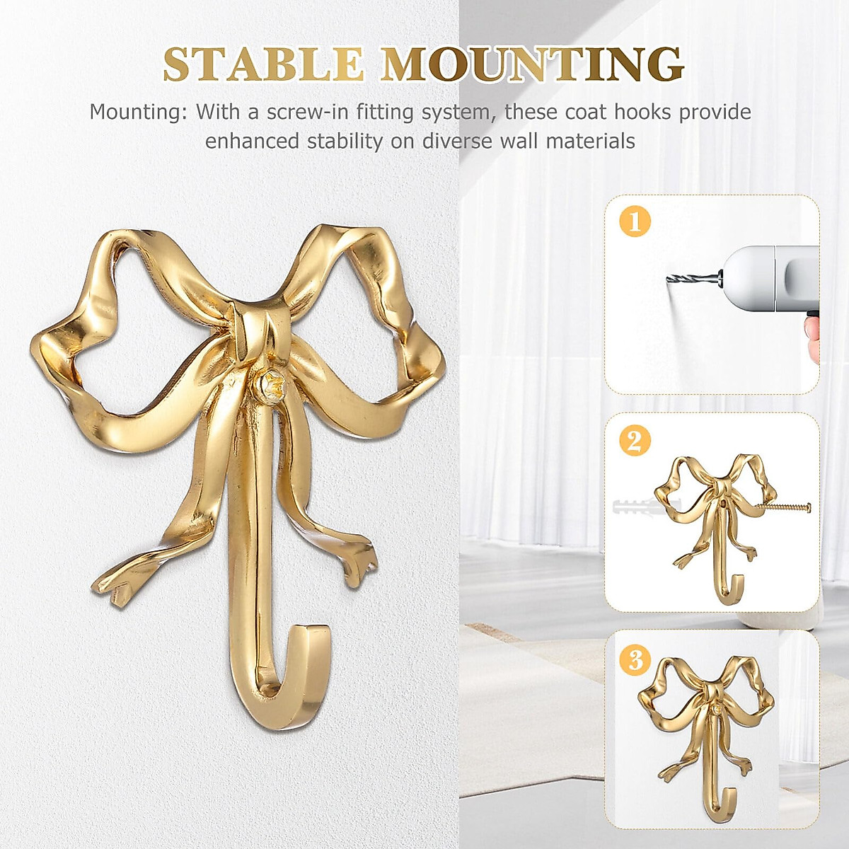 Gadpiparty 2Pcs Bow Hook Decorative Wall Hooks Bowknot Coat Hook Gold Towel Robe Hook Hanging Brass Hooks for Home Bedroom Bathroom Office Outdoor (2.63 inches)