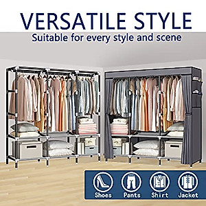 LOKEME Portable Closet, 61-Inch Portable Wardrobe with 3 Hanging Rods and 6 Storage Shelves, Non-Woven Fabric, Stable and Easy Assembly Grey Portable Closets for Hanging Clothes with Side Pockets