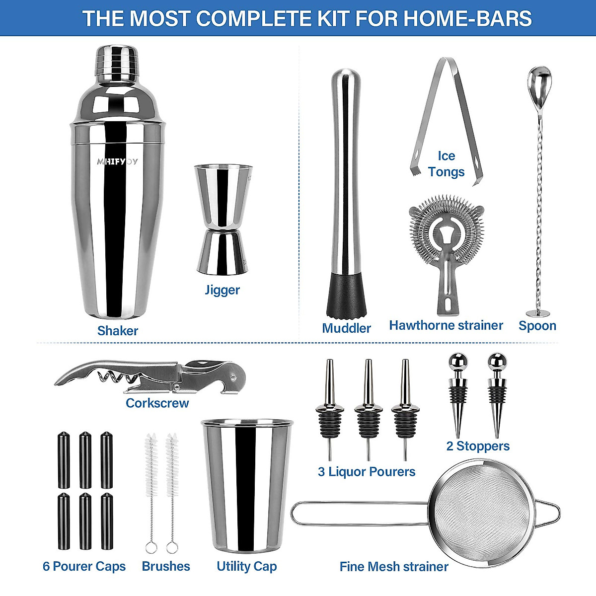 24-Piece Cocktail Shaker Set - MHIFYOY Bartender Kit - Stainless Steel Martini Mixer Bar Tools with Bamboo Stand, Ideal Gift Pack & Fine Mesh Strainer(Silver)