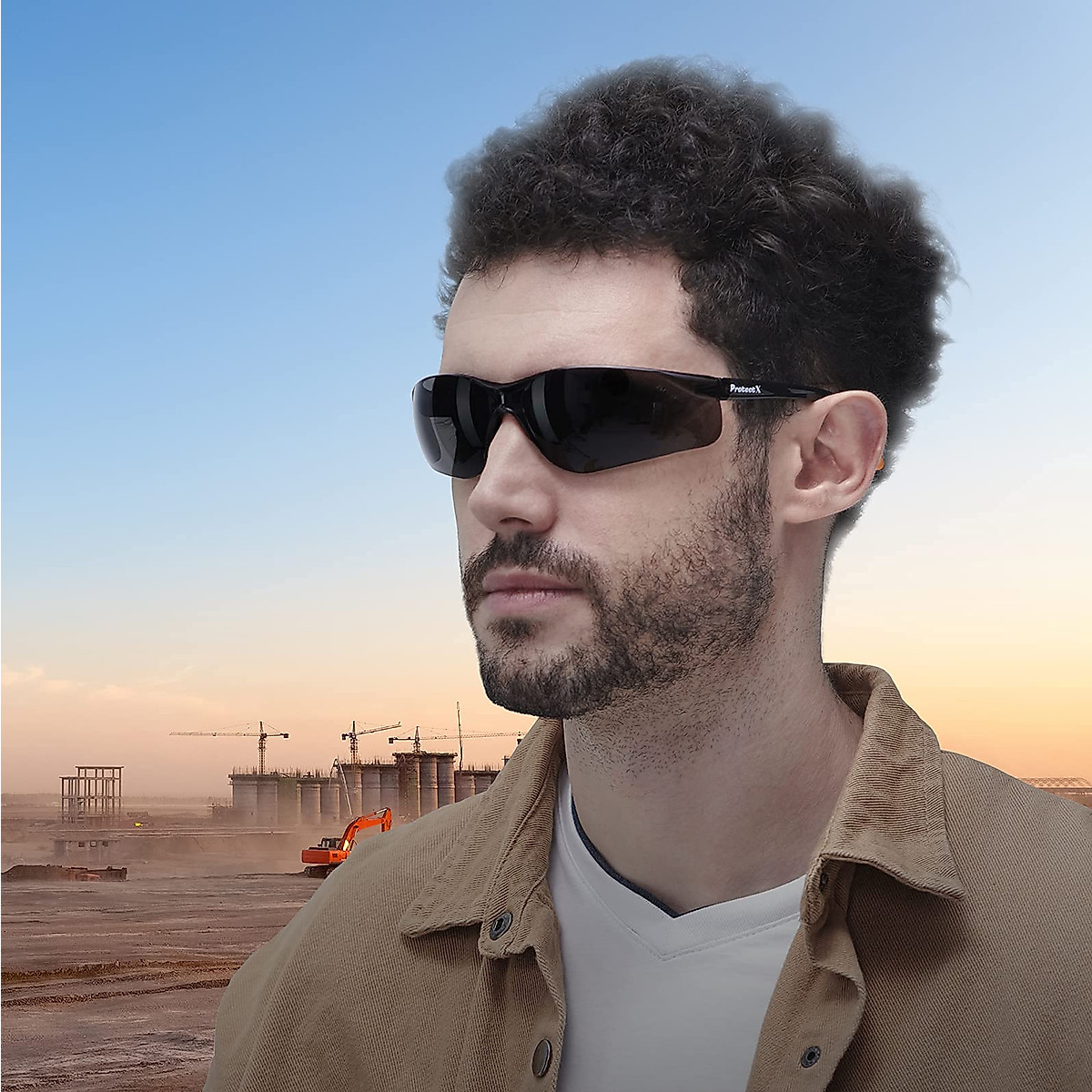 ProtectX 3-Pack Tinted Safety Glasses for Men, Safety Sunglasses with Anti-Fog Scratch Resistant Wrap-Around Smoke Lenses, Non-Slip Orange Rubber Grips, ANSI Z87.1 Rated