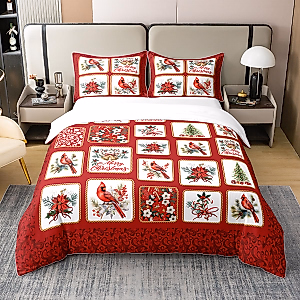 Exotic Birds 100% Nature Cotton Duvet Cover Queen,Merry Christmas Trees Flower Red Birds Super Soft Bedding Set,Rustic Farmhouse Geometry Patchwork Comforter Cover Bedding 3 Piece (No Comforter)