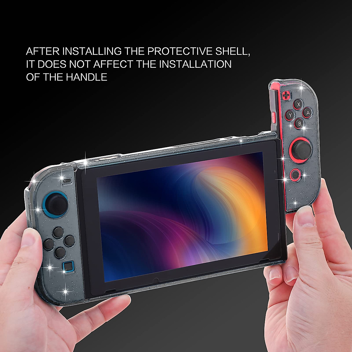 Switch Glitter Case, Switch Protective Case with Tempered Glass Screen Protector and Thumb Grip Caps - Black