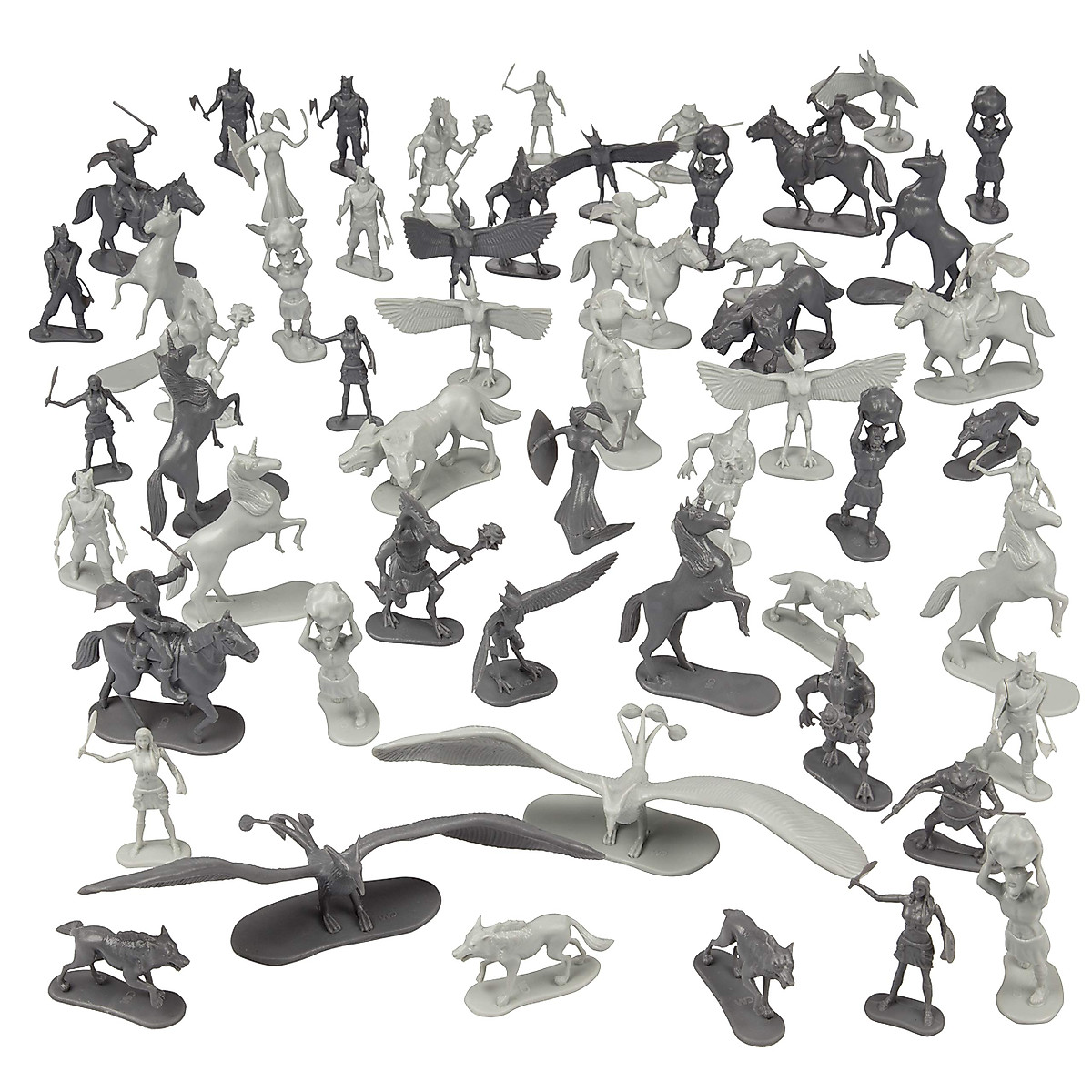 Fantasy Creatures Mini Action Figure Playset- 56pc Toy Monster Miniatures w 12 Difft Sculpts- Large Direwolfs, Cyclops, Winged Dragon Phoenixes & More- 1/32nd Scale Dungeon Paintable Xmas