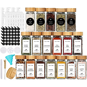 CUCUMI 36pcs 4oz Spice Jars with Labels, Glass Spice Jars with Bamboo Lids, Shaker Lids, Silicone Collapsible Funnel, Waterproof Labels, Test Tube Brush and Chalk Marker