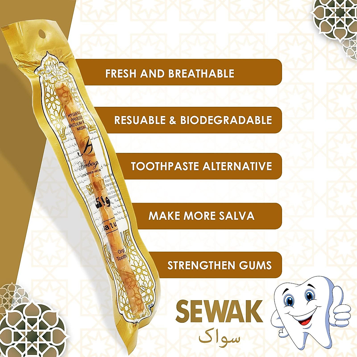 HERBOGANIC Natural Miswak, All Natural Traditional Tooth Brush for Oral Health, Hygiene, Fresh Breath, Light Weight, Vacuum Sealed (Pack of 6)