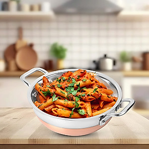 KSJONE 2 and 2.5 Quart Stainless Steel Kadai with Copper Bottom | Premium Heavy Gauge Steel Kadai | Indian Kadhai for Cooking | Ideal for Daily Use (2 Quart)