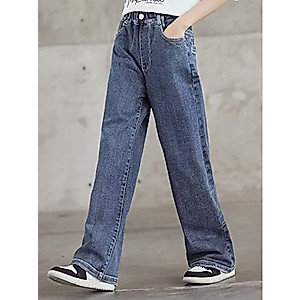 Sitmptol Teen Girls Blue Ripped Jeans Wide Leg High Waist Denim Trousers Loose Streetwear Jeans Baggy Pants Denim Blue 160 11-12 Years