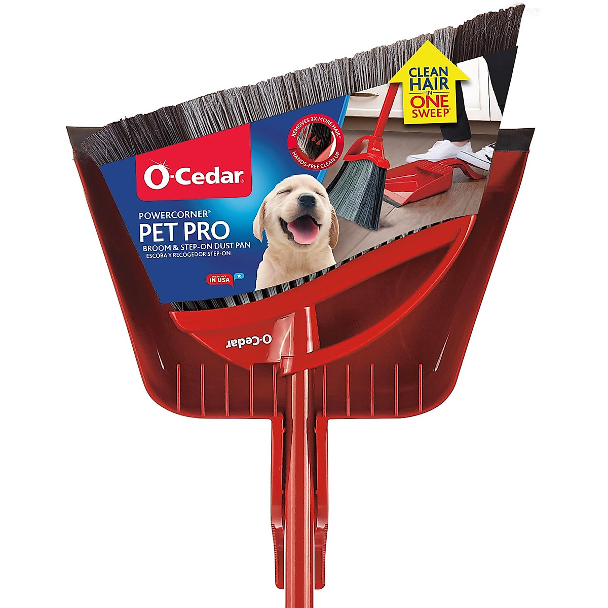 O-Cedar Pet Pro Broom & Step-On Dustpan PowerCorner, Red