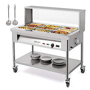 ROVSUN 72QT Steam Table, 9-Pan Electric Commercial Food Warmer Stainless Steel Bain Marie w/Acrylic Shield Overshelf Undershelf Temperature Control & Lid for Party Restaurant 8QT/Pan 1500W 110V