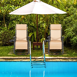 Goplus Zero Gravity Chairs, X-Large Outdoor Lounge Lawn Chair with Cup Holder & Detachable Headrest, Adjustable Folding Patio Recliner for Pool Porch Deck Oversize (Beige)