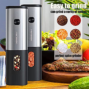 Rechargeable Electric Salt and Pepper Grinder Set with Charging Base, DERGUAM Stainless Steel Pepper Grinder with Rechargeable Batteries, Salt Grinder with Adjustable Coarseness and LED Blue Light