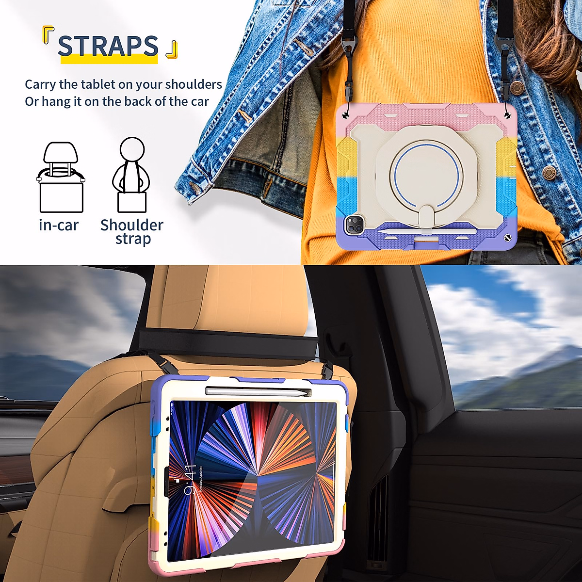 SLLMYYX 360 Degree Swivel 3in1 Shockproof Case for iPad Pro 12.9 inch 6th/5th/4th Gen with Shoulder Strap & Handle, 2022/2021/2020 with Shoulder Strap & Handle, Colorful Green