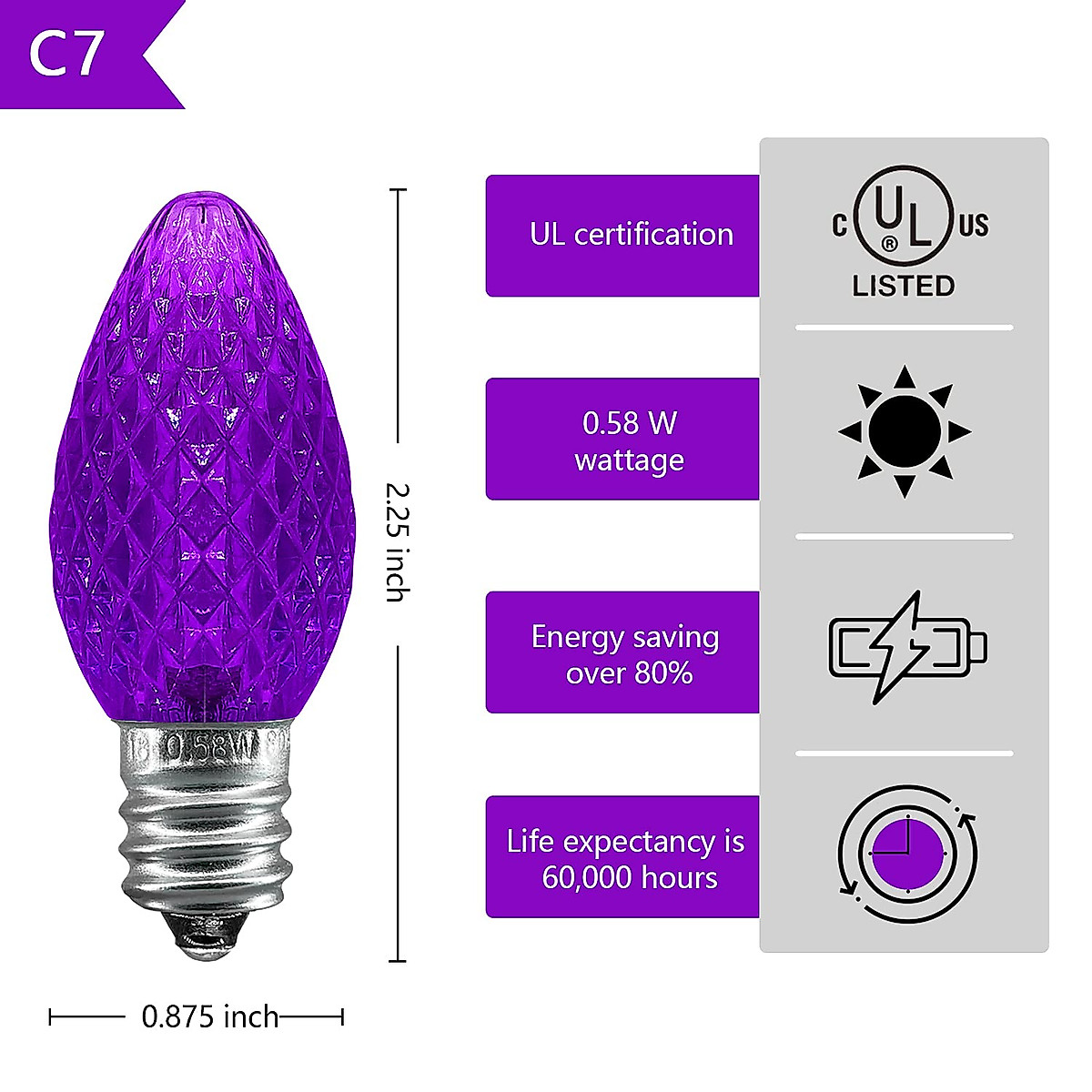 yongzhenlite UL Listed Box of 25 C7 Led Replacement Bulbs,2 SMD LEDs in Each C7 Dimmable Lights Bulb for Outdoor String Lights,Full Waterproof and Break Resistant (Purple Color)