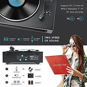 All-in-One Record Player High Fidelity Belt Drive Turntable for Vinyl Records Built-in 2 Tweeter and 2 Bass Stereo Speakers, Vinyl Player with MM Cartridge, Bluetooth, Aux-in, RCA, Auto Stop Black