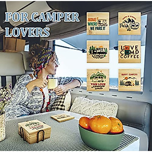 Haigoo Camping Coasters Set of 6, Happy Camper Bamboo Coaster with Holder, RV Lover Gifts Square Drink Coasters Suitable for Various Cups,Friends Home Bar RV Decor Camp Coasters