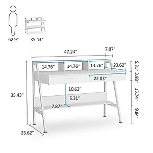 Tribesigns Computer Desk with Storage Shelf & Drawers, Modern 47 inch Office Writing Desk Study Table with Monitor Stand Riser for Home Office Use (White)