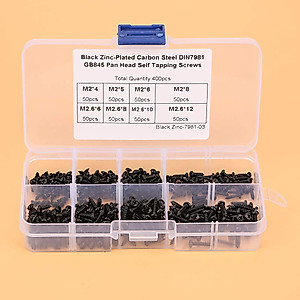 Self Tapping Screws, 400Pcs Black Stainless Steel M2/M2.6 Cross Pan Head Self Tapping Screws Set Assortment Kit