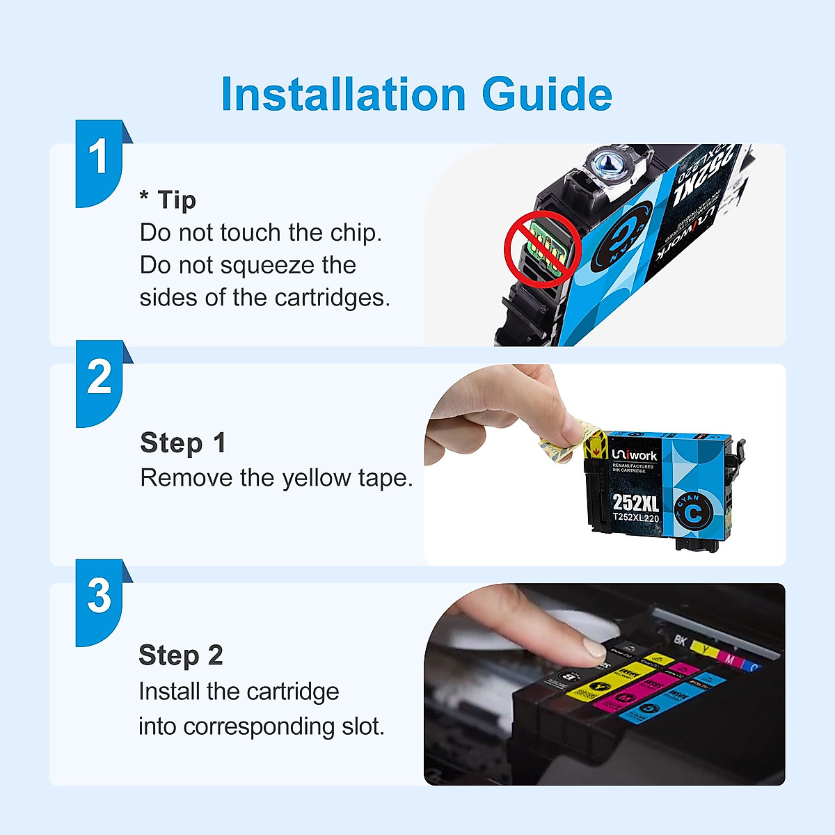 Uniwork Remanufactured Ink Cartridge Replacement for Epson 252XL Ink Cartridges Combo Pack 252 XL T252XL Compatible with Workforce WF-3640 WF-3620 WF-7110 WF-7710 WF-7720 WF-7620 Printer (8 Pack)