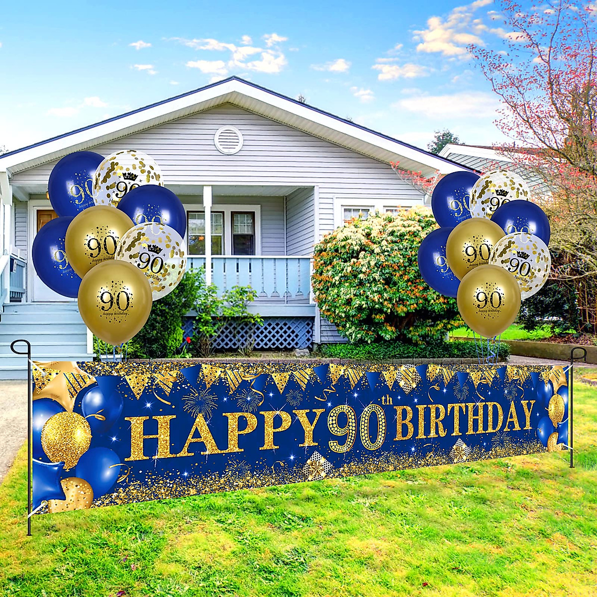90th Birthday Decorations for Men Women Blue and Gold,Navy Blue Gold Birthday Party Yard Banner 18 PCS 90th Happy Birthday Balloons for 90th Anniversary Birthday Party Supplies Christmas Outdoor Decor