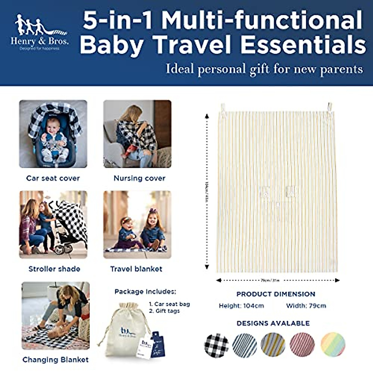 Henry&Bros. Baby Car Seat Cover - 5 in 1 Carseat Canopy and Nursing Cover - 100% Organic Cotton Breathable Privacy Shade (Golden Child Stripe)