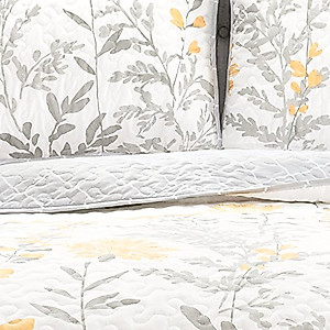 Lush Decor Yellow Aprile Reversible Quilt 3 Piece Floral Leaf Design Bedding Set, Full/Queen, Yellow & Gray