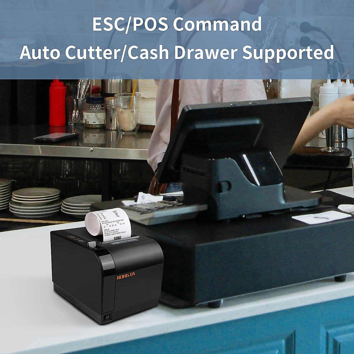 Rongta POS Receipt Printer, 80mm Thermal Printer, ESC/POS, Restaurant Kitchen Printer with Auto Cutter Support Cash Drawer,USB Serial Ethernet Receipts Printer for Small Business (RP820-USE)
