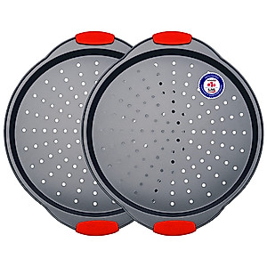Pizza Tray – 2 Round with Silicone Handles – Carbon Steel Pizza Pan with Holes and Non-Stick Coating – PFOA PFOS and PTFE Free by Bakken