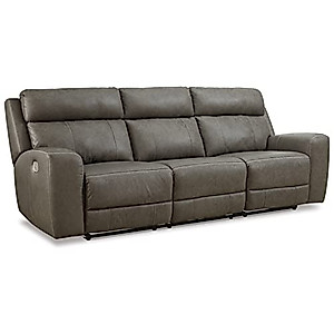 Signature Design by Ashley Roman Contemporary Tufted Leather Power Reclining Sofa with Adjustable Headrest, Gray