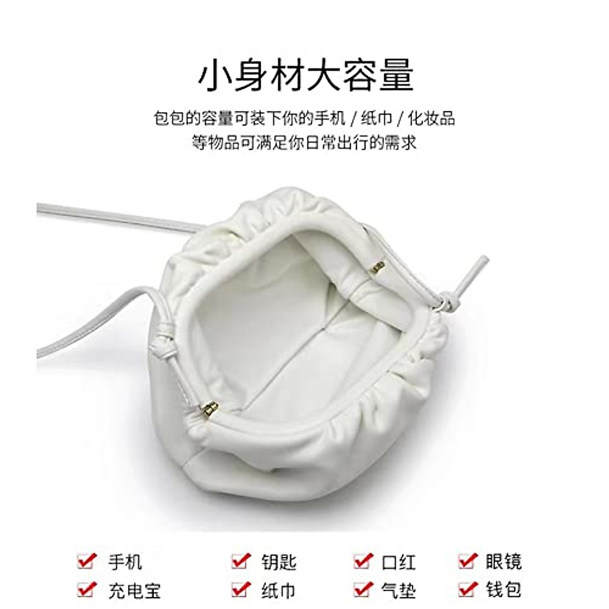 Women's Cow Leather Bag Cloud Shoulder Bag Crossbody Small Bag Pleated Clutch Soft Leather Dumpling Bag Largebags32cm White