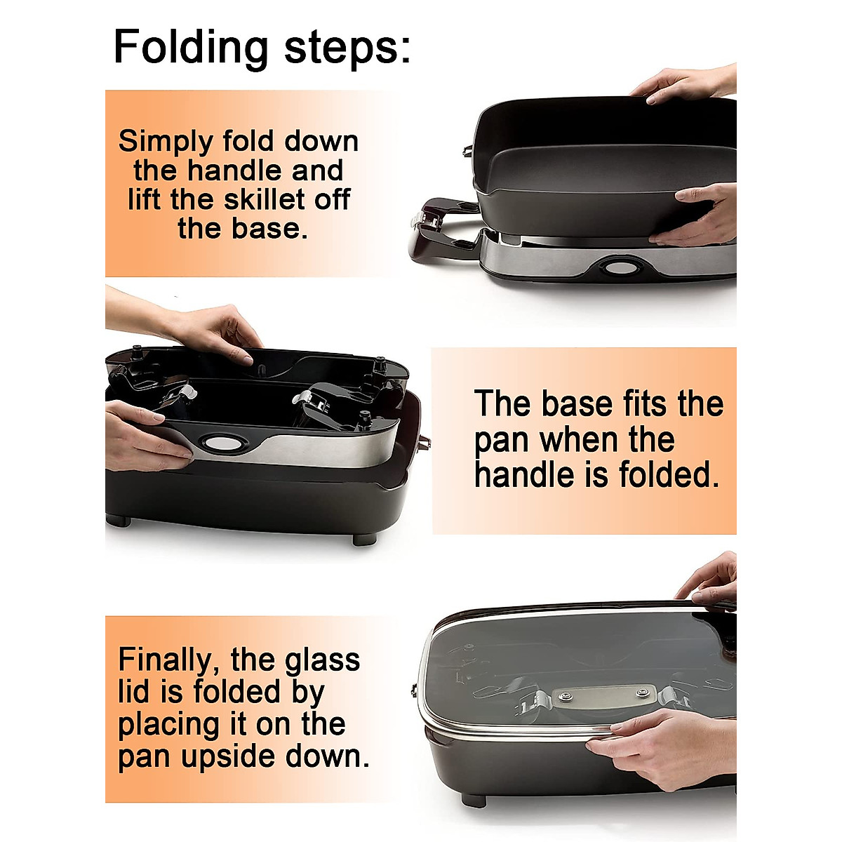 Electric Skillet Nonstick Foldaway - 16 inch, with Adjustable temperature, Easy to clean, Black, Nozaya