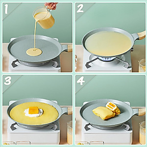 Nonstick Crepe Pan, 8 inch Green Dosa Tawa Tortilla Pan with Wood Handle for Stove Tops, Flat Frying Pan Skillet Stone Coating Cookware for Gas, Induction, Electric, Ceramic Stove, PFOA Free (8 inch)