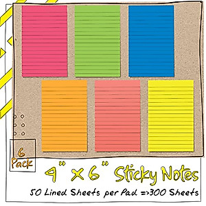 Lined Sticky Notes, 4 x 6, 6 Pack, 300 Sheets (50/Pad), Self Stick Notes with Lines, 6 Bright Assorted Colors, by Better Office Products, Post Memos, Strong Adhesive, 6 Pads
