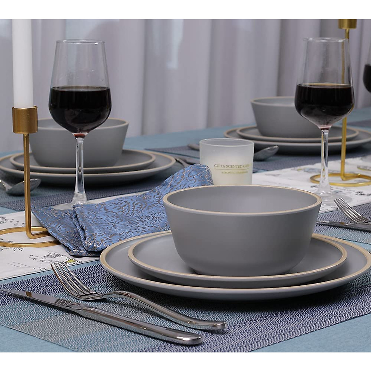 Gufaith Melamine Dinnerware Sets for 4, Plates and Bowls Sets 12 Piece, Melamine Plates, Plate Sets, Dish Set for 4, Unbreakable Dinnerware Set, BPA Free, Suitable Indoors and Outdoors (Light Grey)