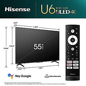 Hisense 55-Inch Class U6 Series ULED Mini-LED Google Smart TV - Quantum Dot Color, 600-Nit Dolby Vision IQ, Game Mode Plus, Hands Free Voice Control, Compatible with Alexa (55U6K, 2023 Model),Black