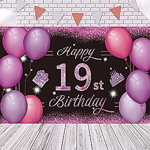 Happy 19st Birthday Backdrop Banner Pink Purple 19th Sign Poster 19 Birthday Party Supplies for Anniversary Photo Booth Photography Background Birthday Party Decorations, 72.8 x 43.3 Inch
