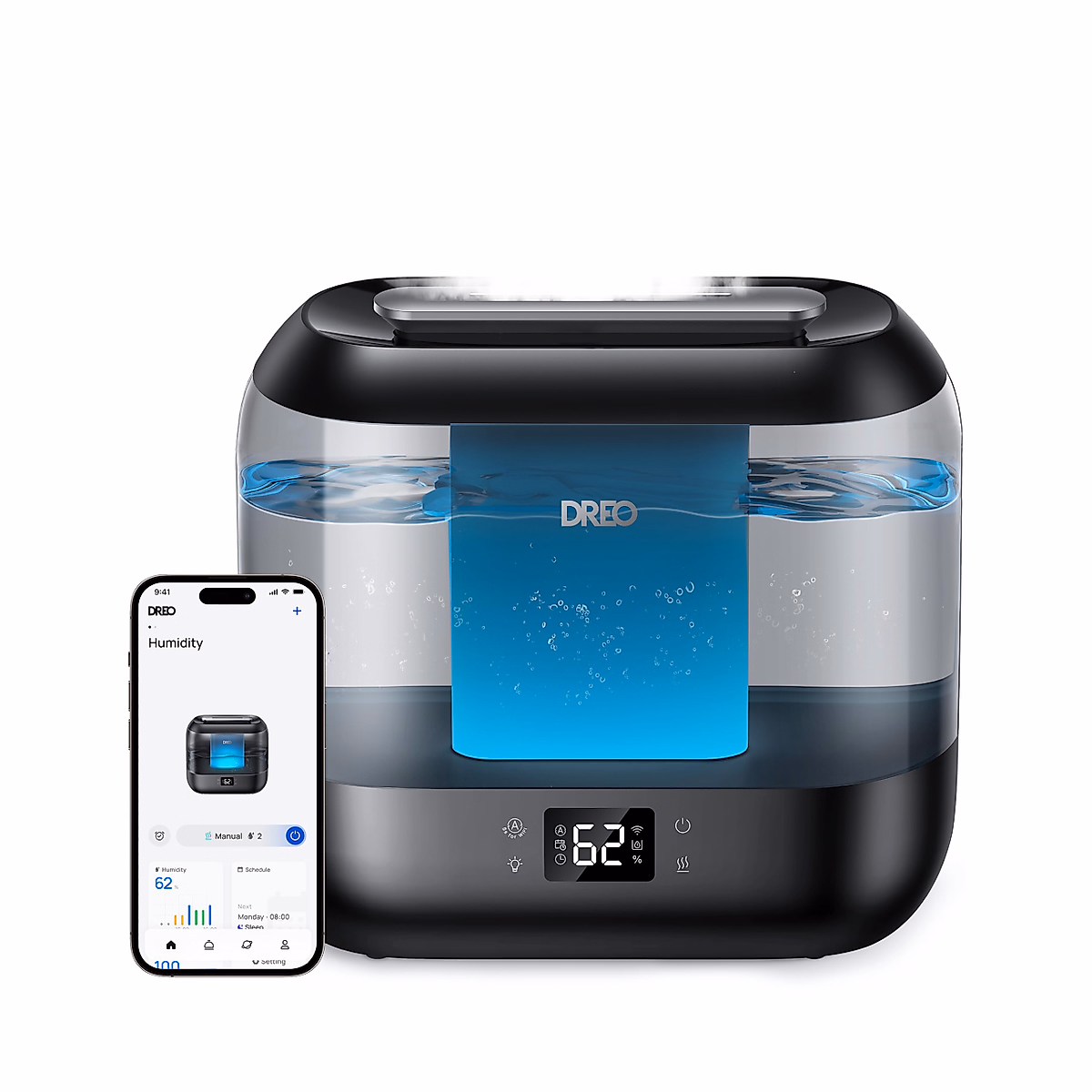 Dreo Smart Humidifiers for Bedroom, Top Fill 4L Cool Mist Humidifier with Nightlight, 32H Runtime, Touch/APP/Voice Control, Quiet Ultrasonic Humidifiers for Large Room, Home, Baby, Plants, Office