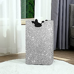 Laundry Hamper Silver Glitter Sparkle Bling Large Storage Bins Waterproof Foldable Canvas Laundry Hamper Bucket with Handles for Storage Bin,Kids Room,Home Organizer,Nursery Storage,Baby Hamper