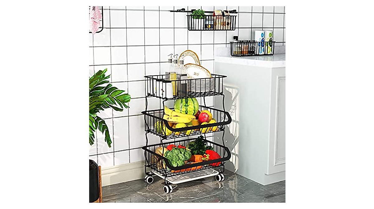 3 Tier Stackable Metal Wire Basket Cart with Wheels