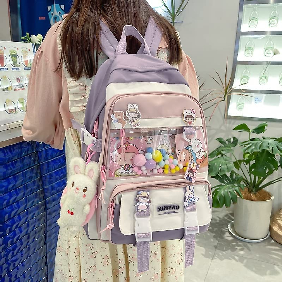HomeSweety Aesthetic lovely cute Back to school pastel backpack with free kawaii cartoon pendant accessories pins for teen girls