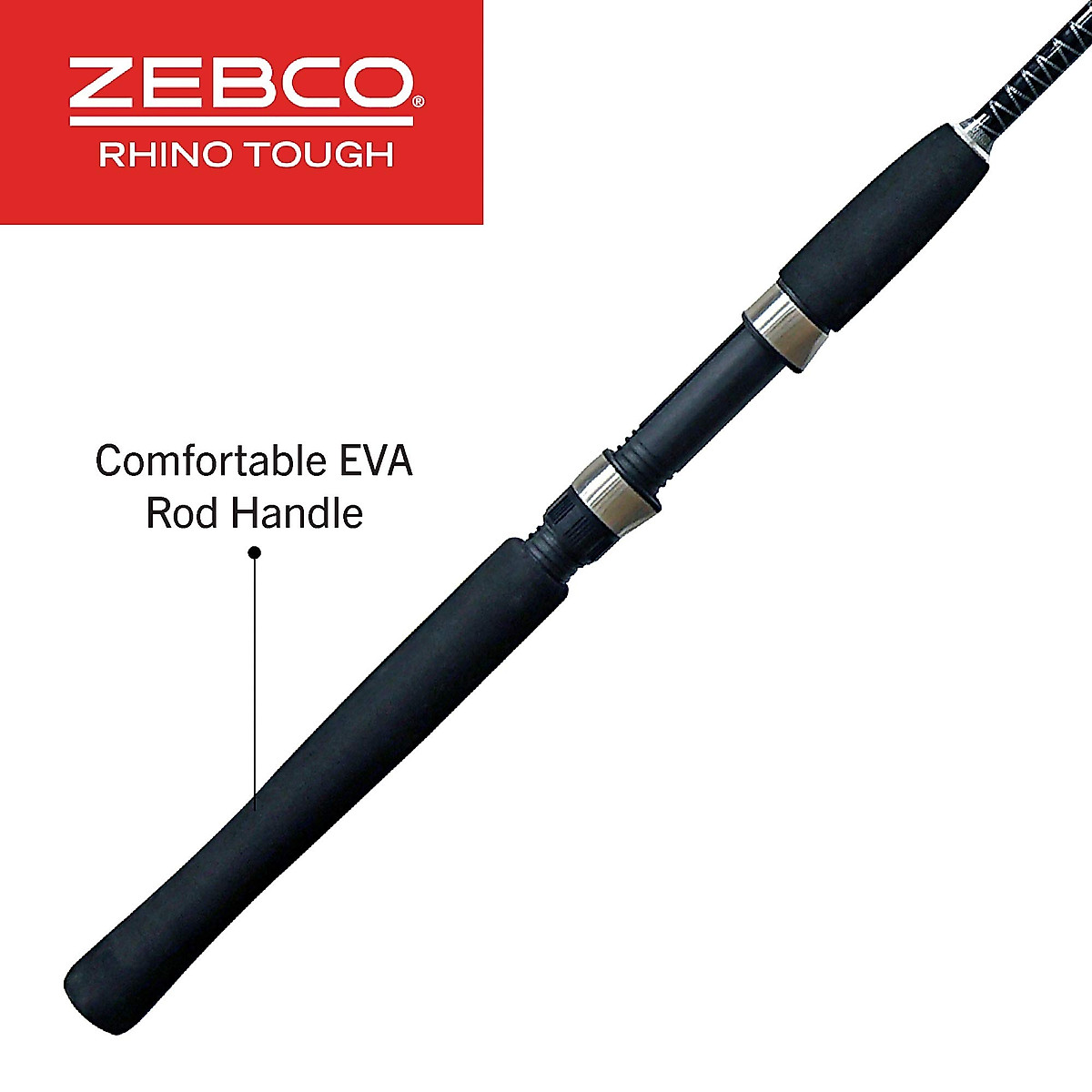 Zebco Rhino Tough Spinning Fishing Rod, 6-Foot 2-Piece Heavy-Duty Cross-Weave Fishing Pole, Comfortable EVA Rod Handle, Heavy-Duty Guides, Stainless Steel D-Frame Tip Guide, Medium-Light Power, Black