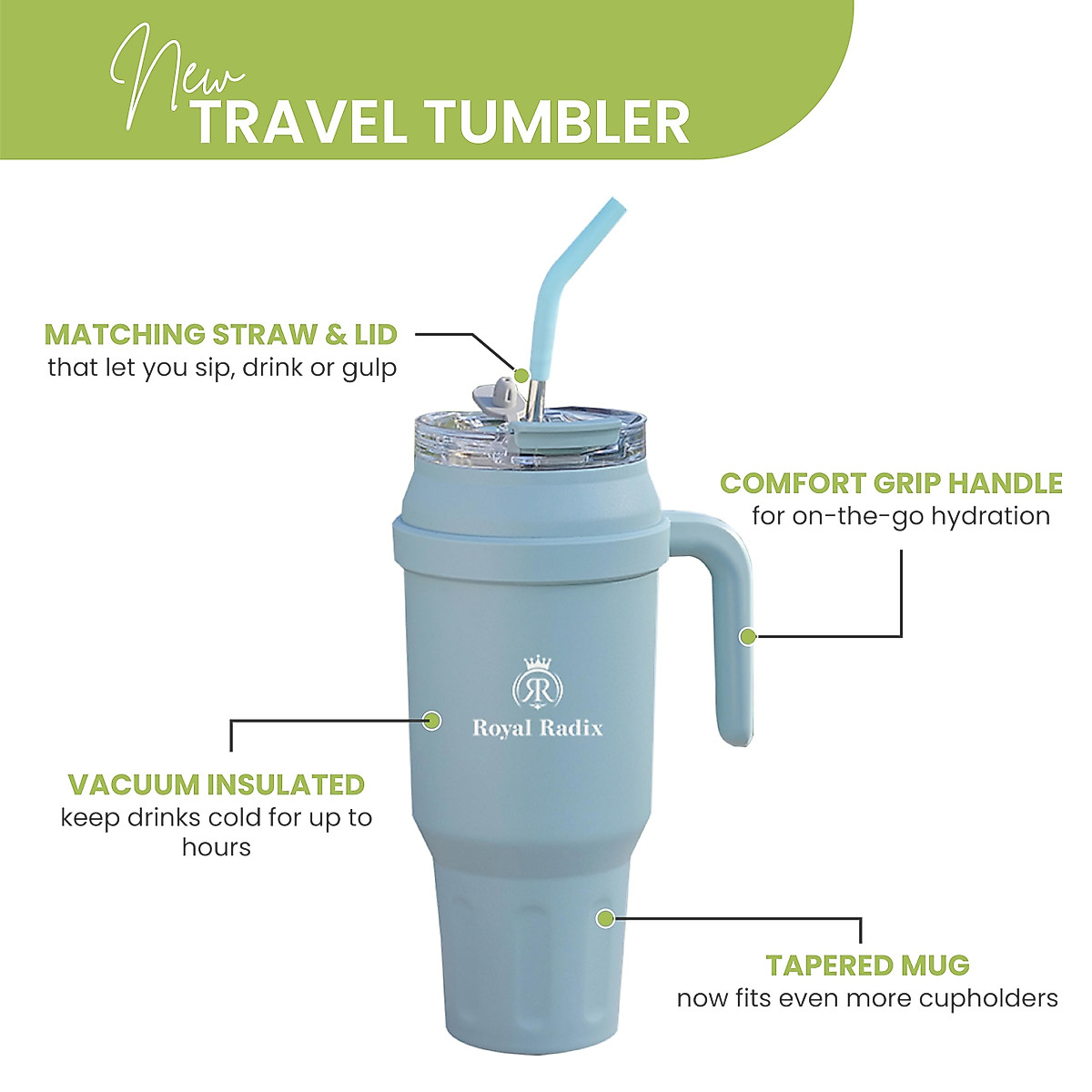 Royal Radix 50 oz Tumbler with Handle, 2 in1 Straw and Lid, Stainless Steel,Traveling Mug, maintain Cold for 24 Hours Hot 12H, Leakproof and Dishwasher Safe