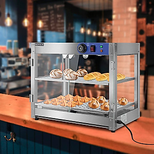 ROVSUN Food Warmer Display Pizza Warmer, Commercial Countertop Food Warmer Electric with Removable Shelves LED Lighting Glass Door, Pastry Display Case for Restaurant Buffet 800W (2 Tiers)